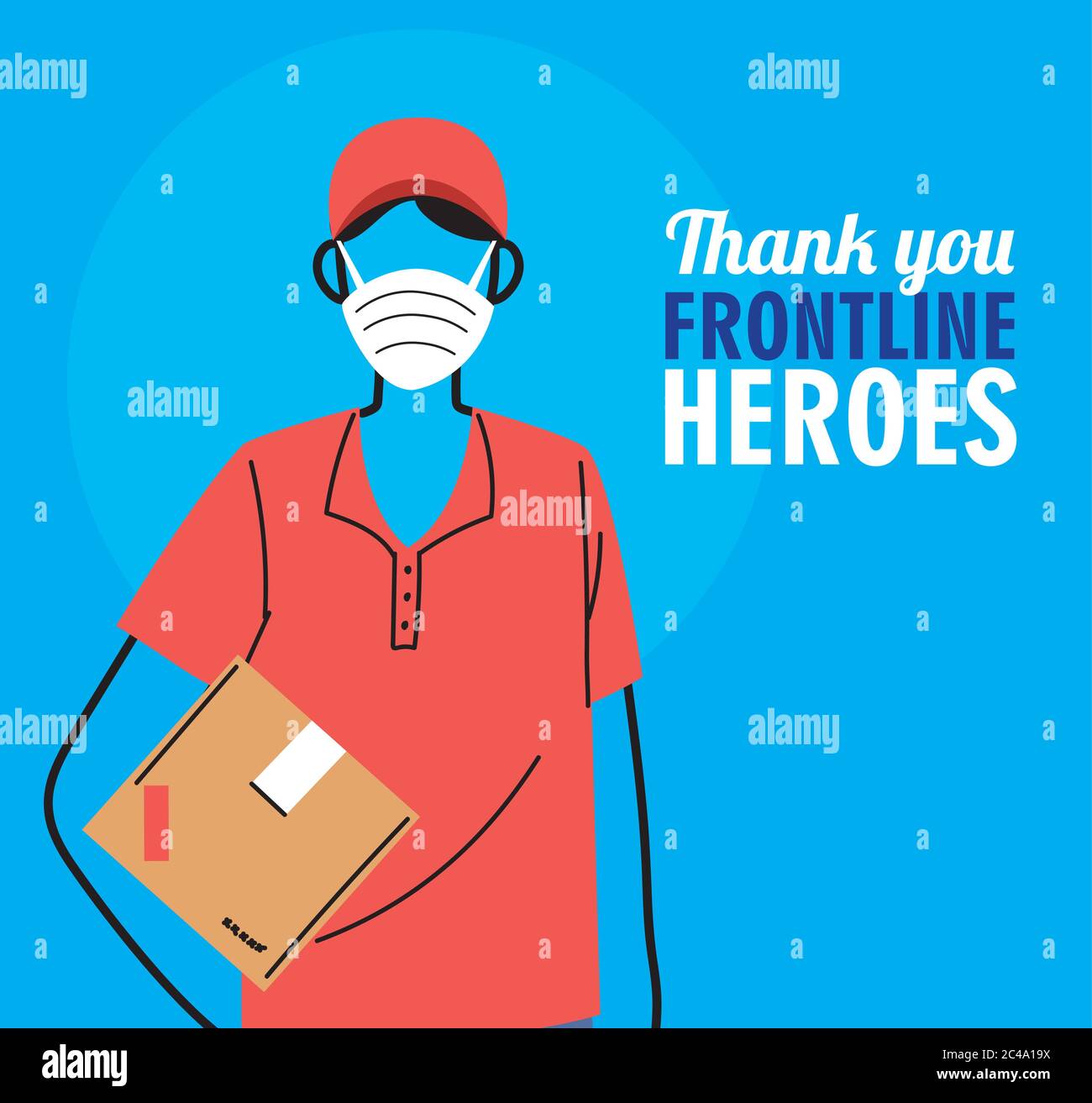 Thanks to the frontline heroes. delivery man with mask vector ...