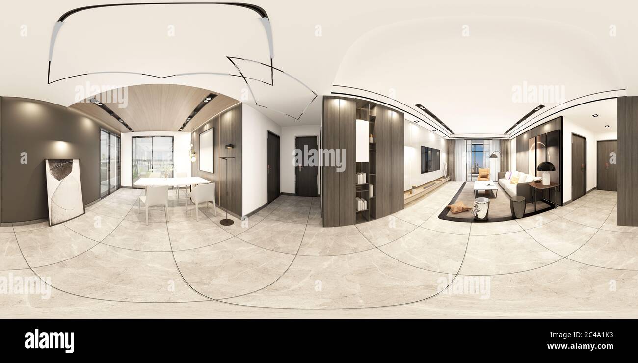3d render 360 degrees of home living and dining room Stock Photo - Alamy