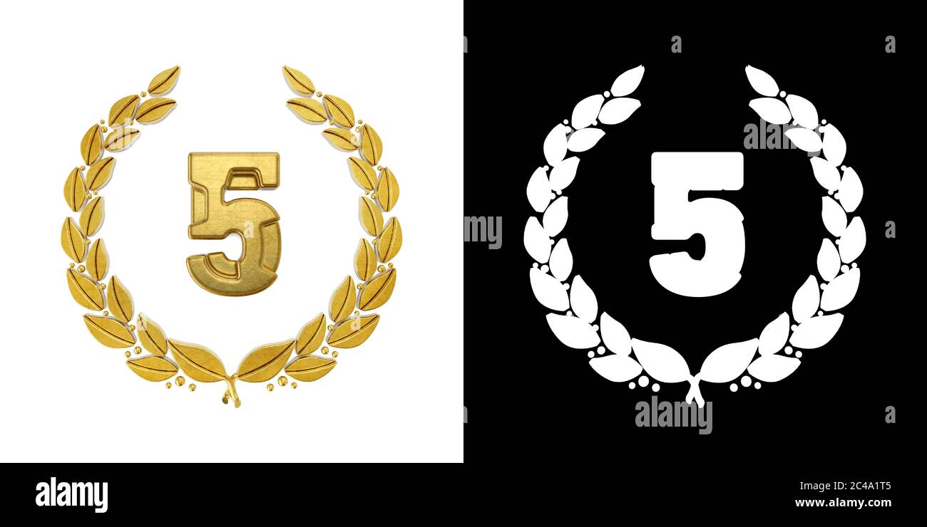 Gold number 5 (number five) with laurel branch with alpha channel. 3D ...