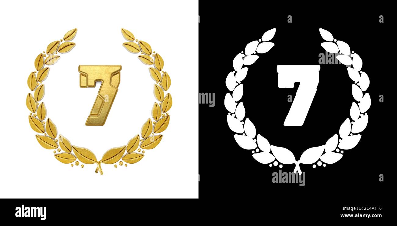 Gold number 7 (number seven) with laurel branch with alpha channel. 3D ...