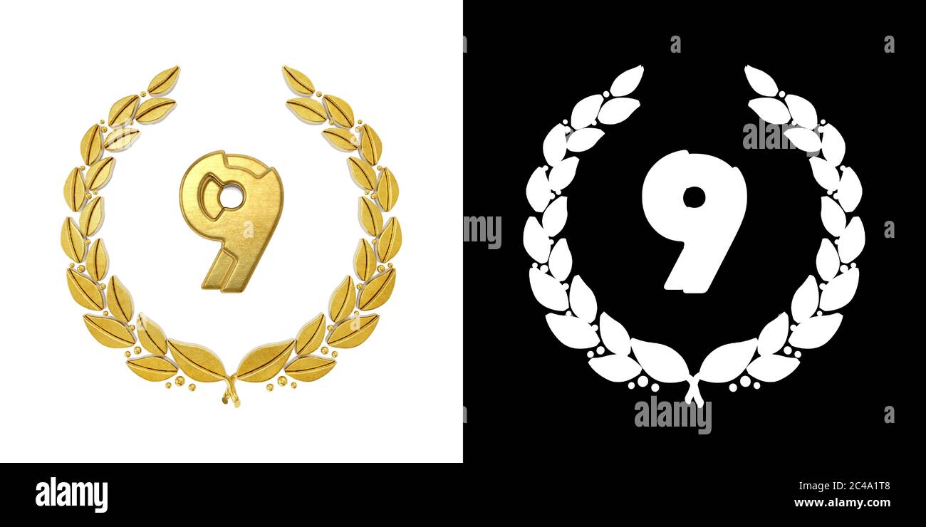 Gold number 9 (number nine) with laurel branch with alpha channel. 3D ...