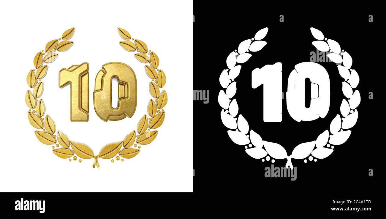 Gold number 10 (number ten) with laurel branch with alpha channel. 3D ...