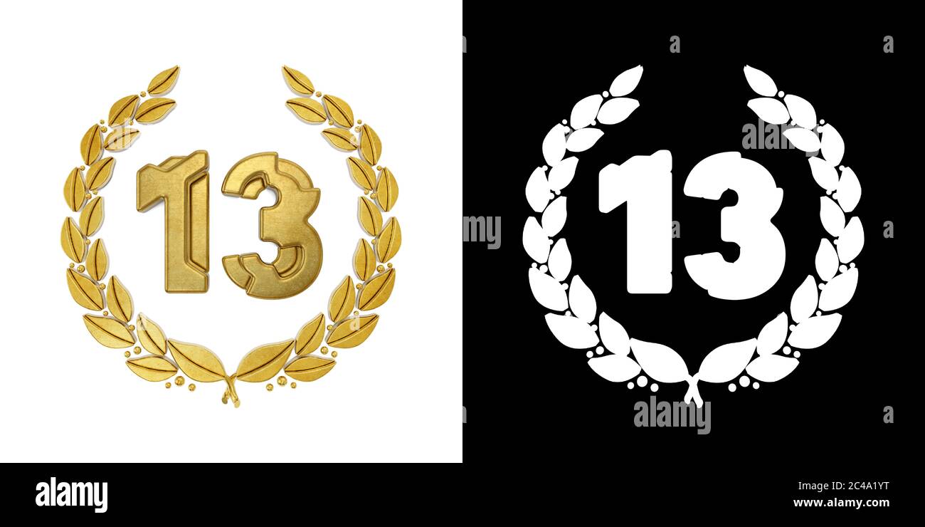 Gold number 13 (number thirteen) with laurel branch with alpha channel ...