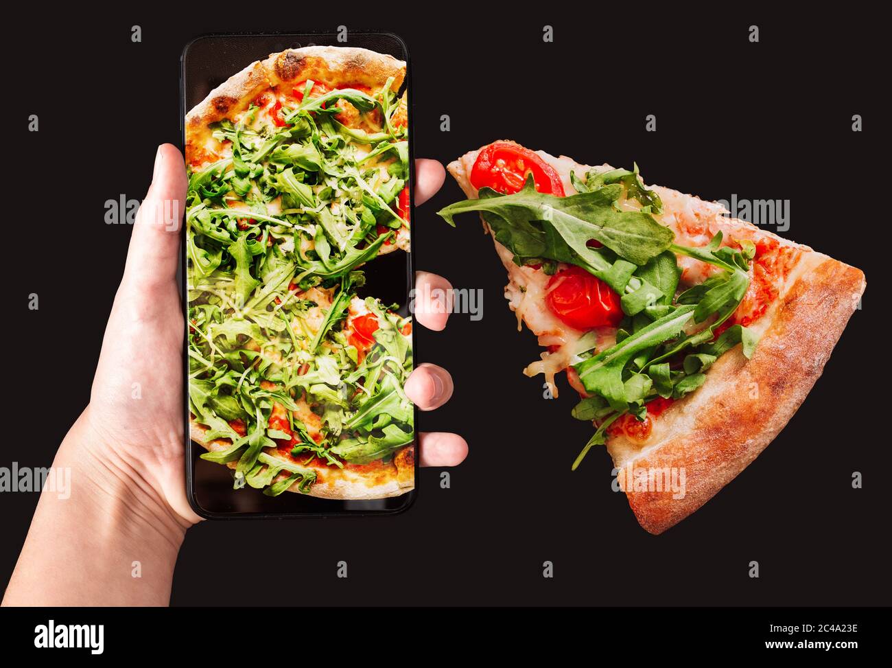 Order pizza using mobile and food delivery. Smartphone on black ...