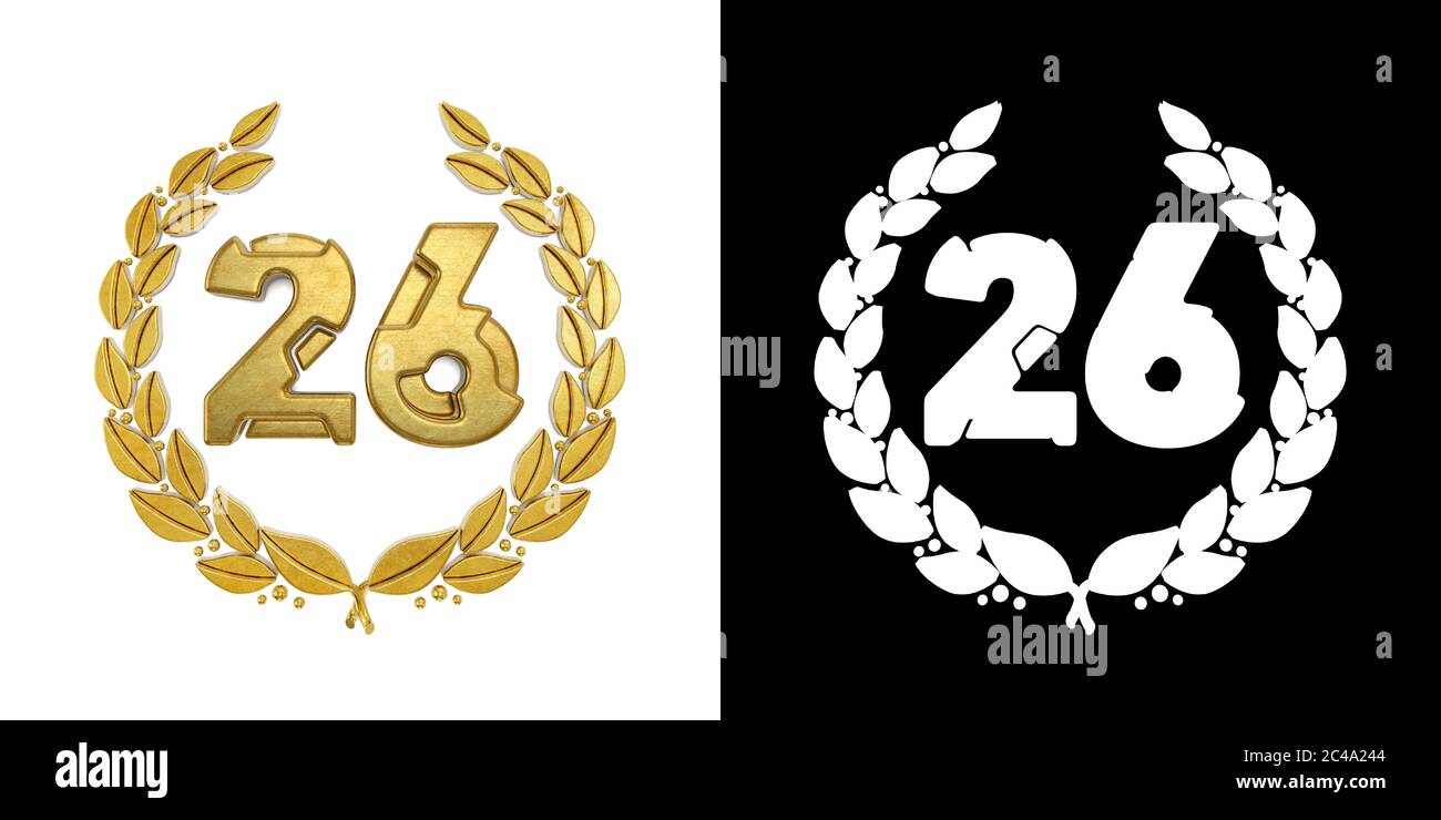 Gold number 26 (number twenty-six) with laurel branch with alpha ...