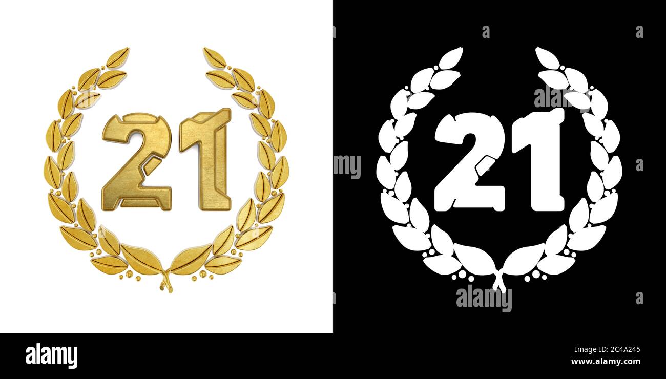 Gold number 21 (number twenty-one) with laurel branch with alpha ...