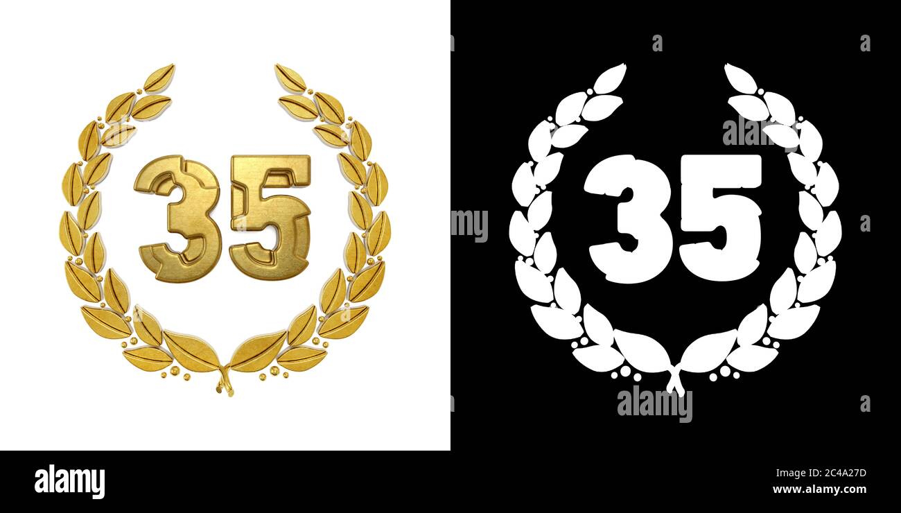 Gold number 35 (number thirty-five) with laurel branch with alpha ...