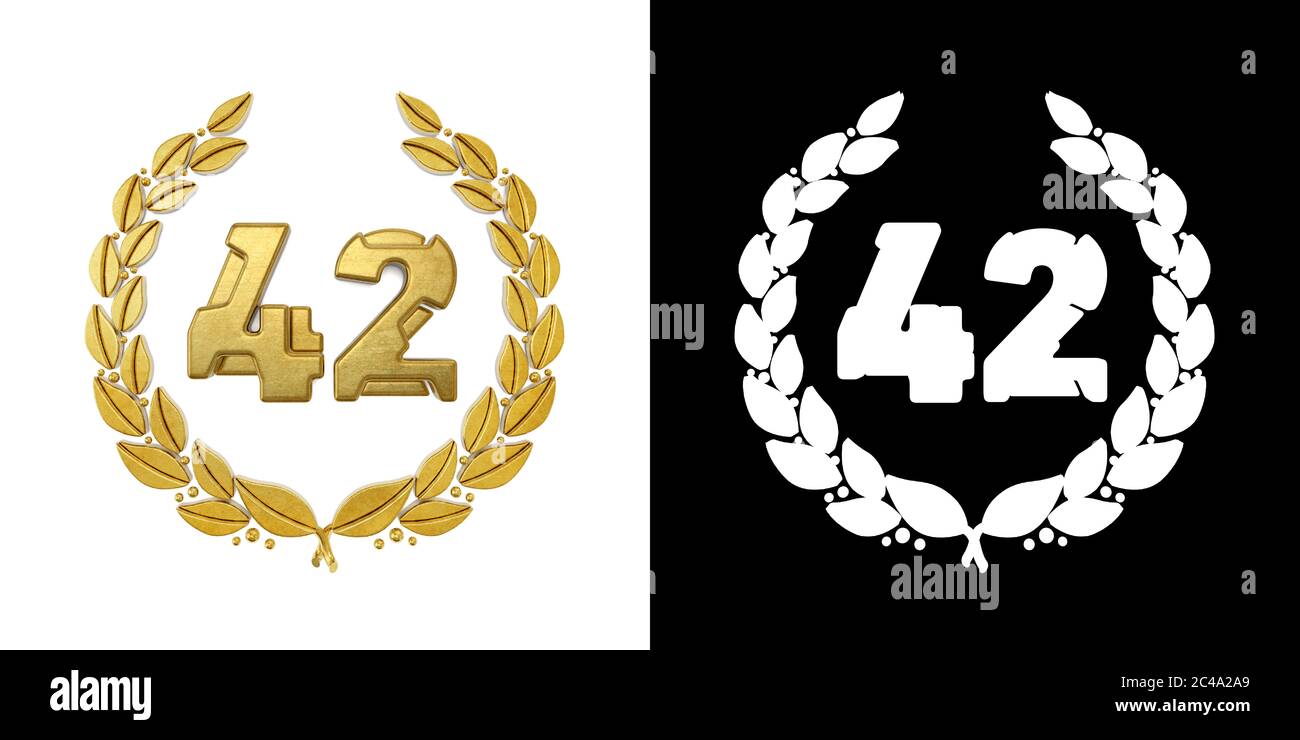 Gold number 42 (number forty-two) with laurel branch with alpha channel ...