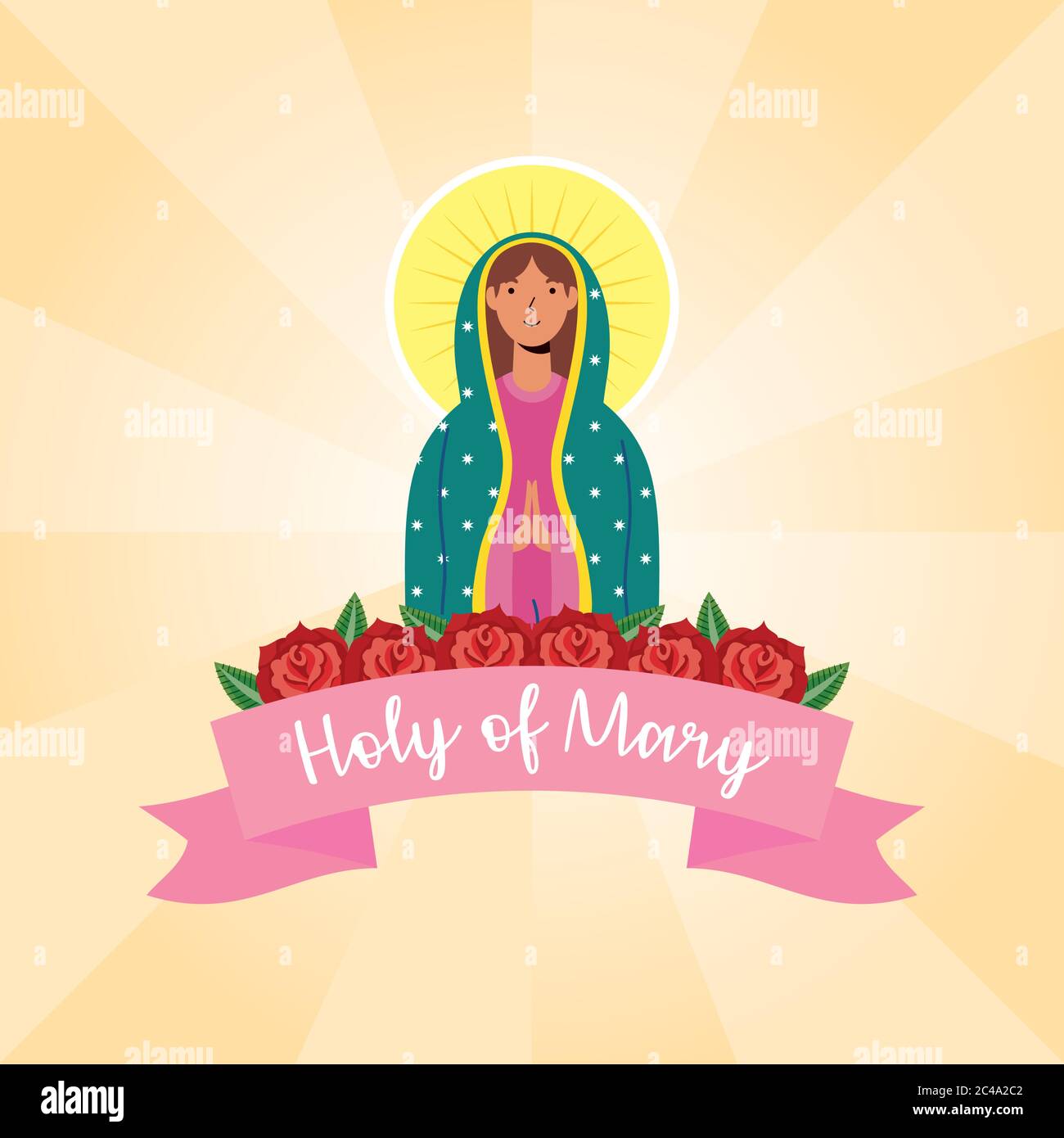 assumption of beautiful mary virgin with roses and ribbon vector ...