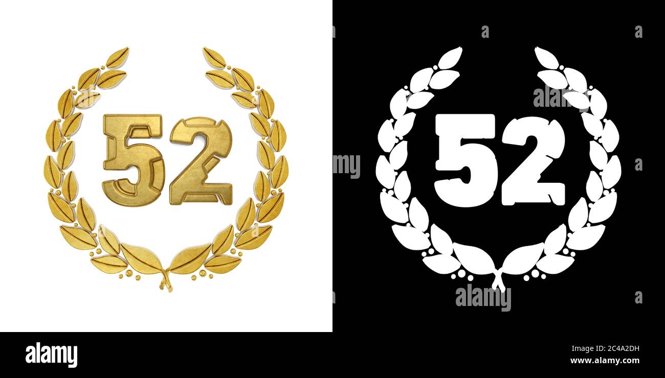 Gold number 52 (number fifty-two) with laurel branch with alpha channel ...