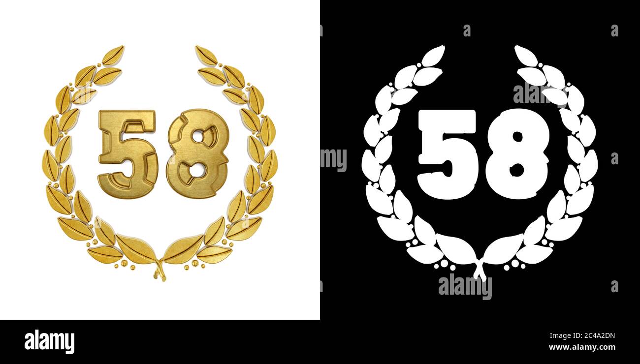 Gold number 58 (number fifty-eight) with laurel branch with alpha ...
