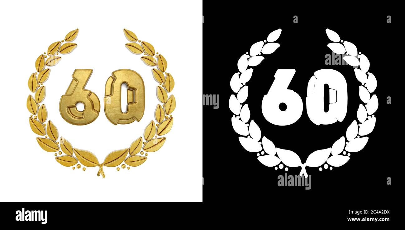 Gold number 60 (number sixty) with laurel branch with alpha channel. 3D ...