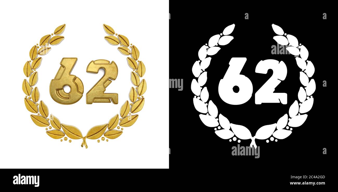 Gold number 62 (number sixty-two) with laurel branch with alpha channel ...