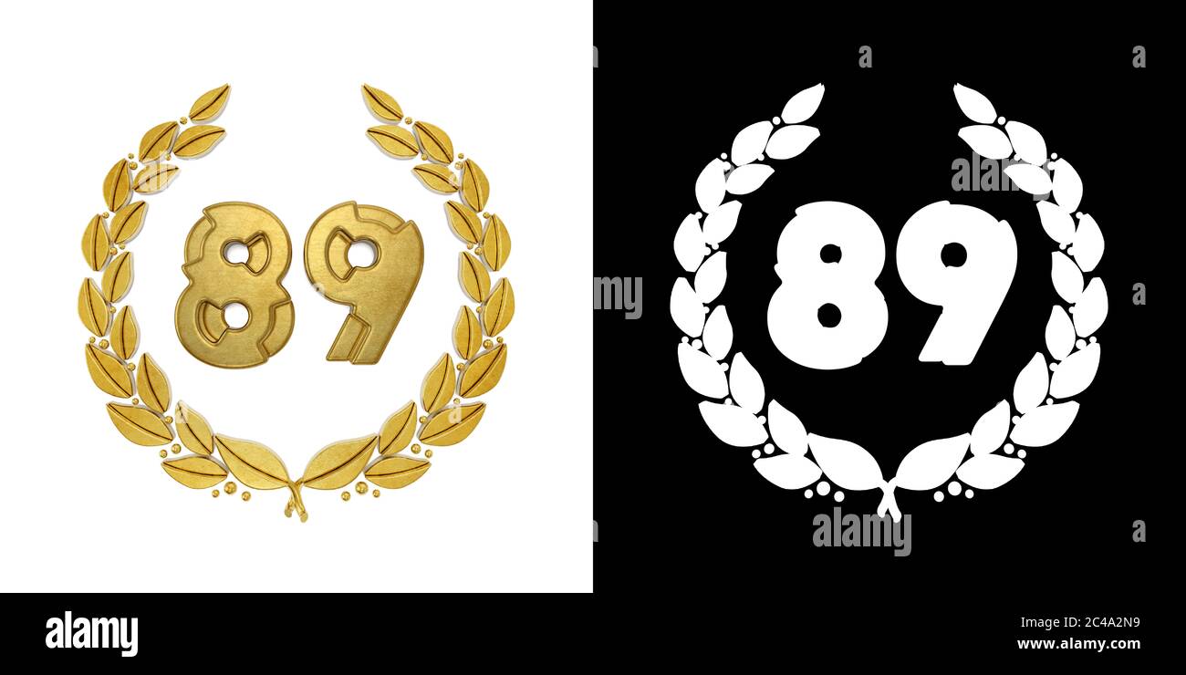 Gold number 89 (number eighty-nine) with laurel branch with alpha channel. 3D illustration Stock ...