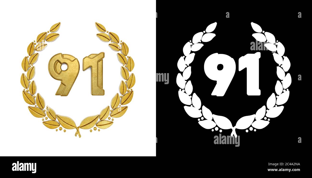 Gold number 91 (number ninety-one) with laurel branch with alpha ...