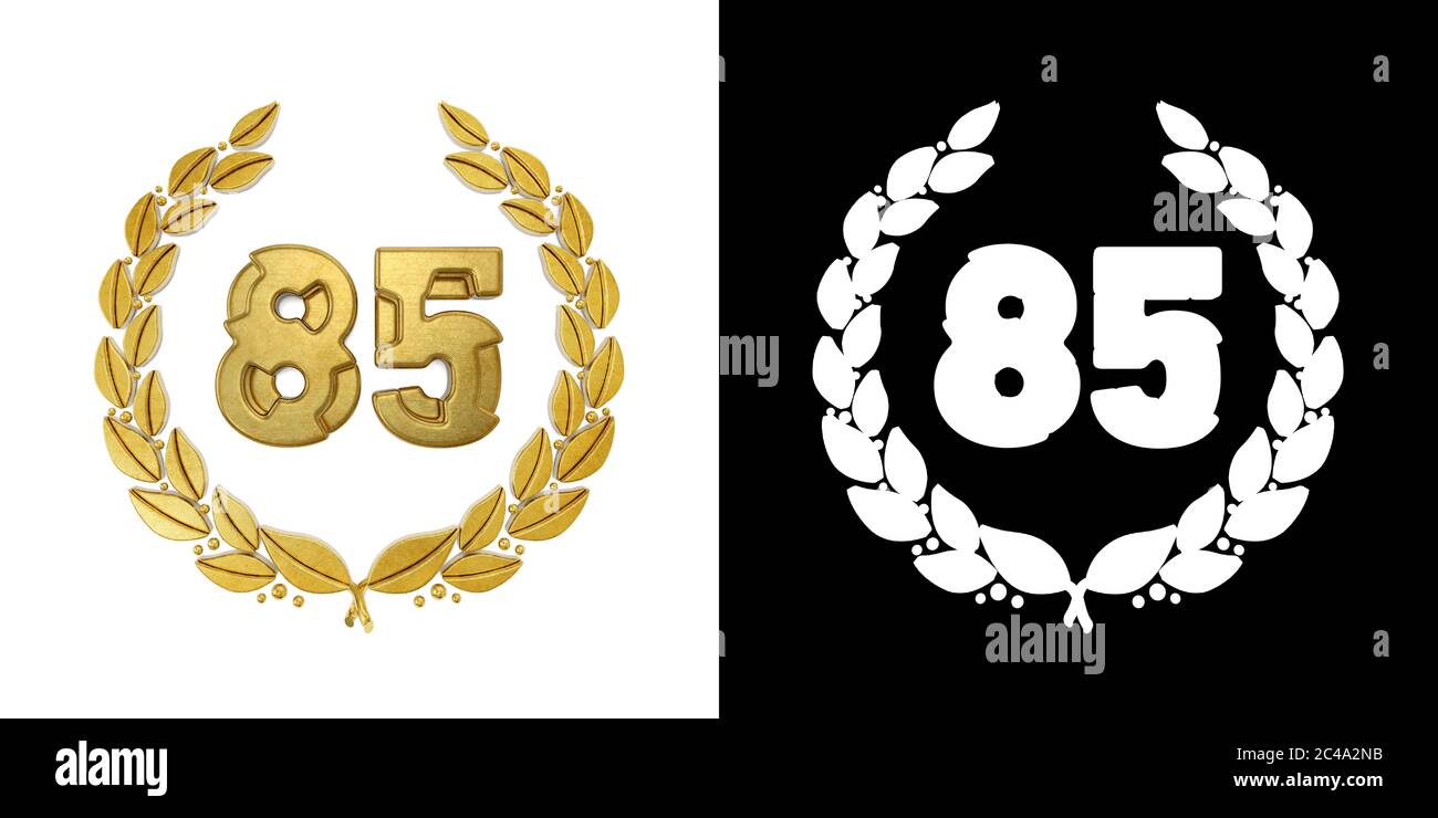 Gold number 85 (number eighty-five) with laurel branch with alpha ...
