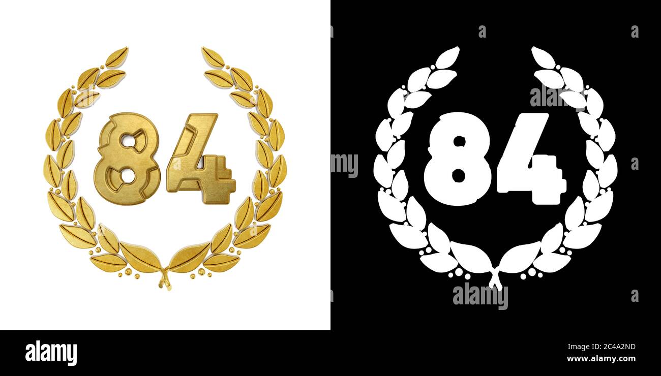 Gold number 84 (number eighty-four) with laurel branch with alpha ...