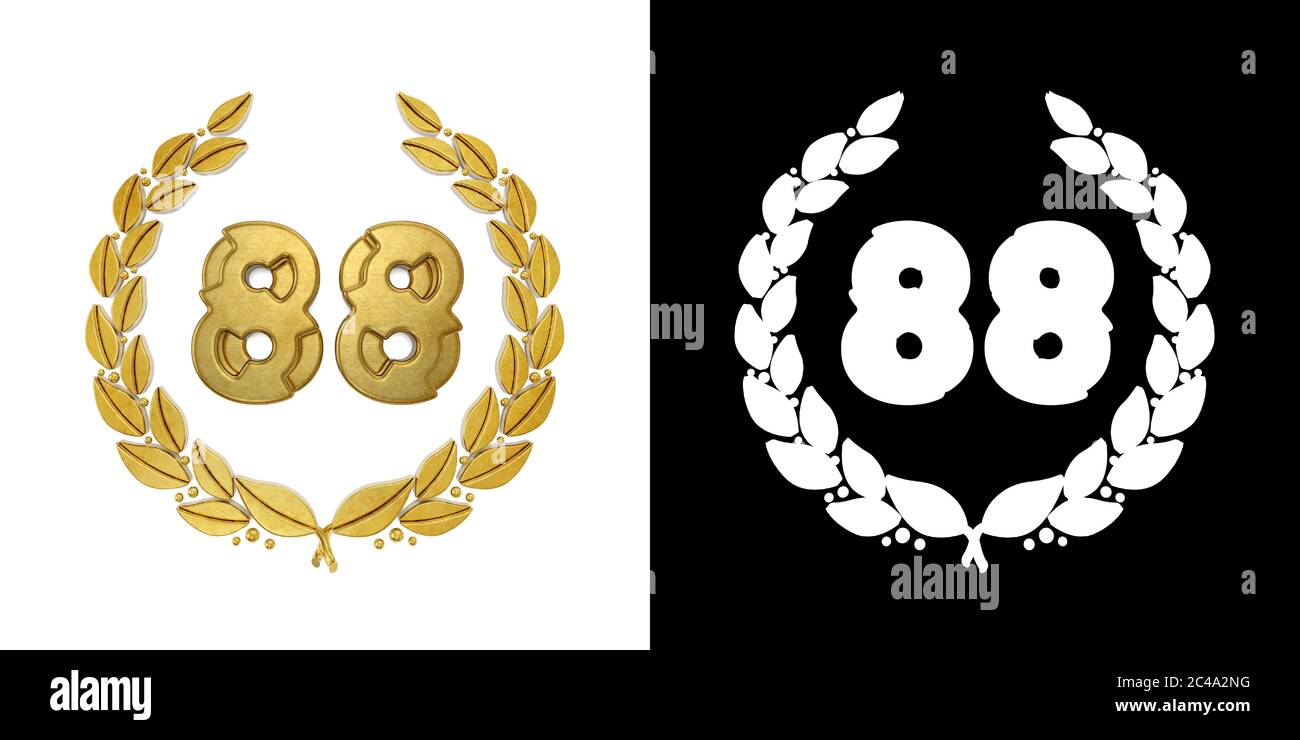 Gold number 88 (number eighty-eight) with laurel branch with alpha ...