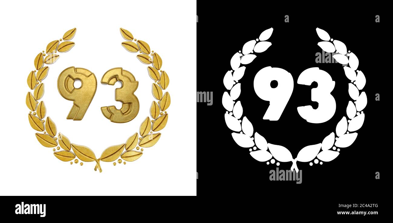 Gold number 93 (number ninety-three) with laurel branch with alpha ...