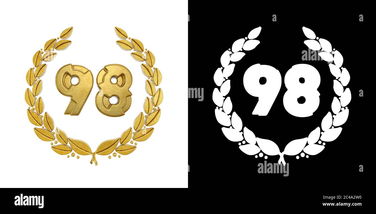 Gold number 98 (number ninety-eight) with laurel branch with alpha ...