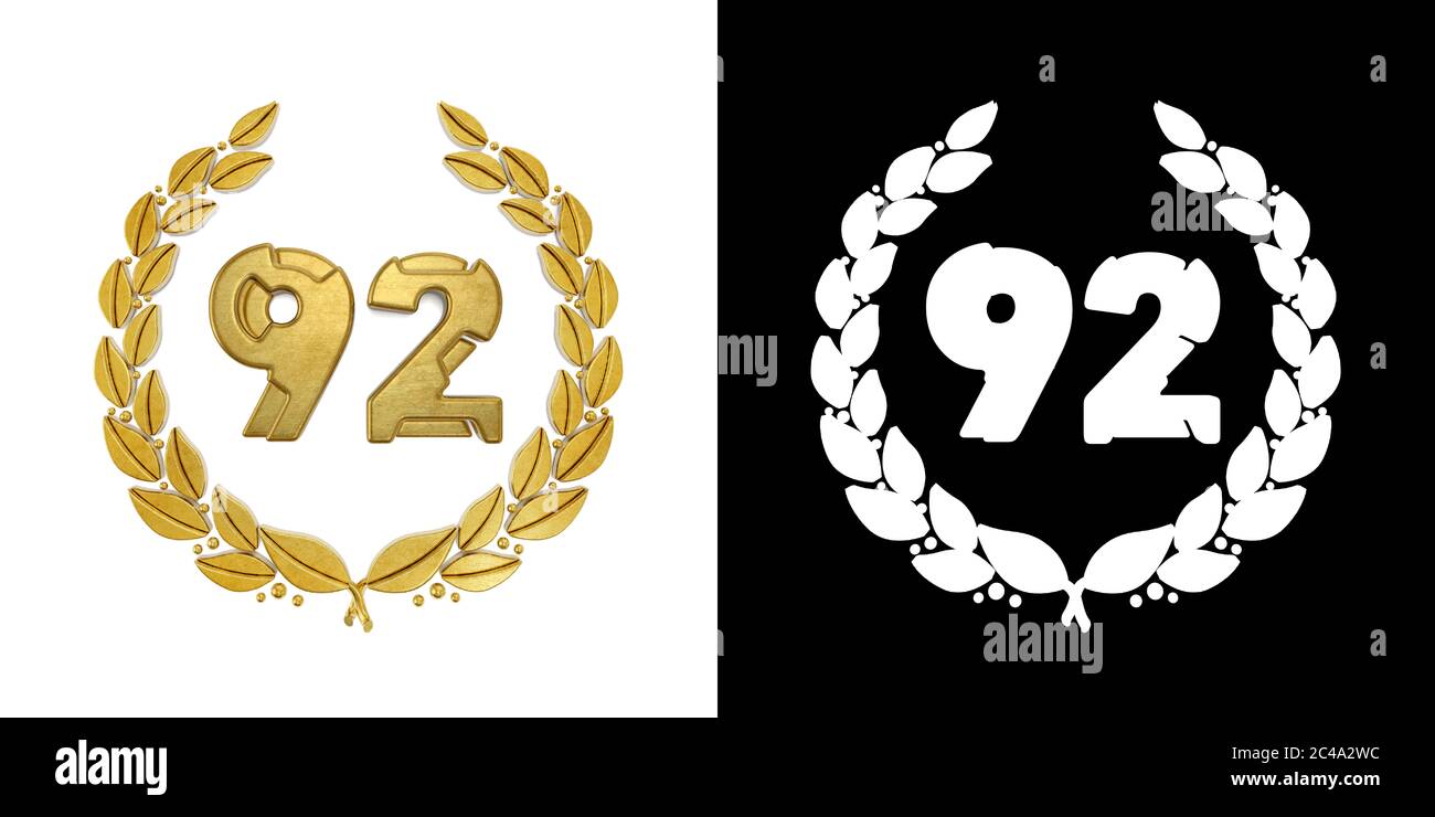 Gold number 92 (number ninety-two) with laurel branch with alpha ...