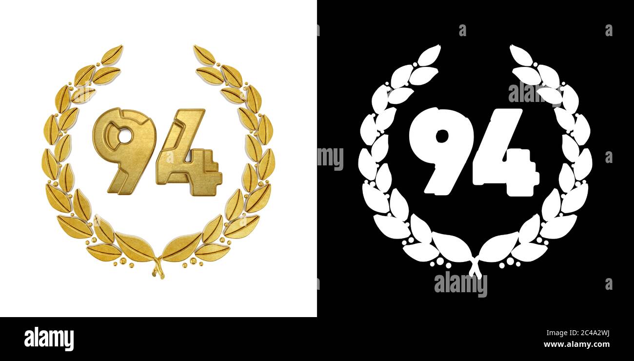 Gold number 94 (number ninety-four) with laurel branch with alpha ...