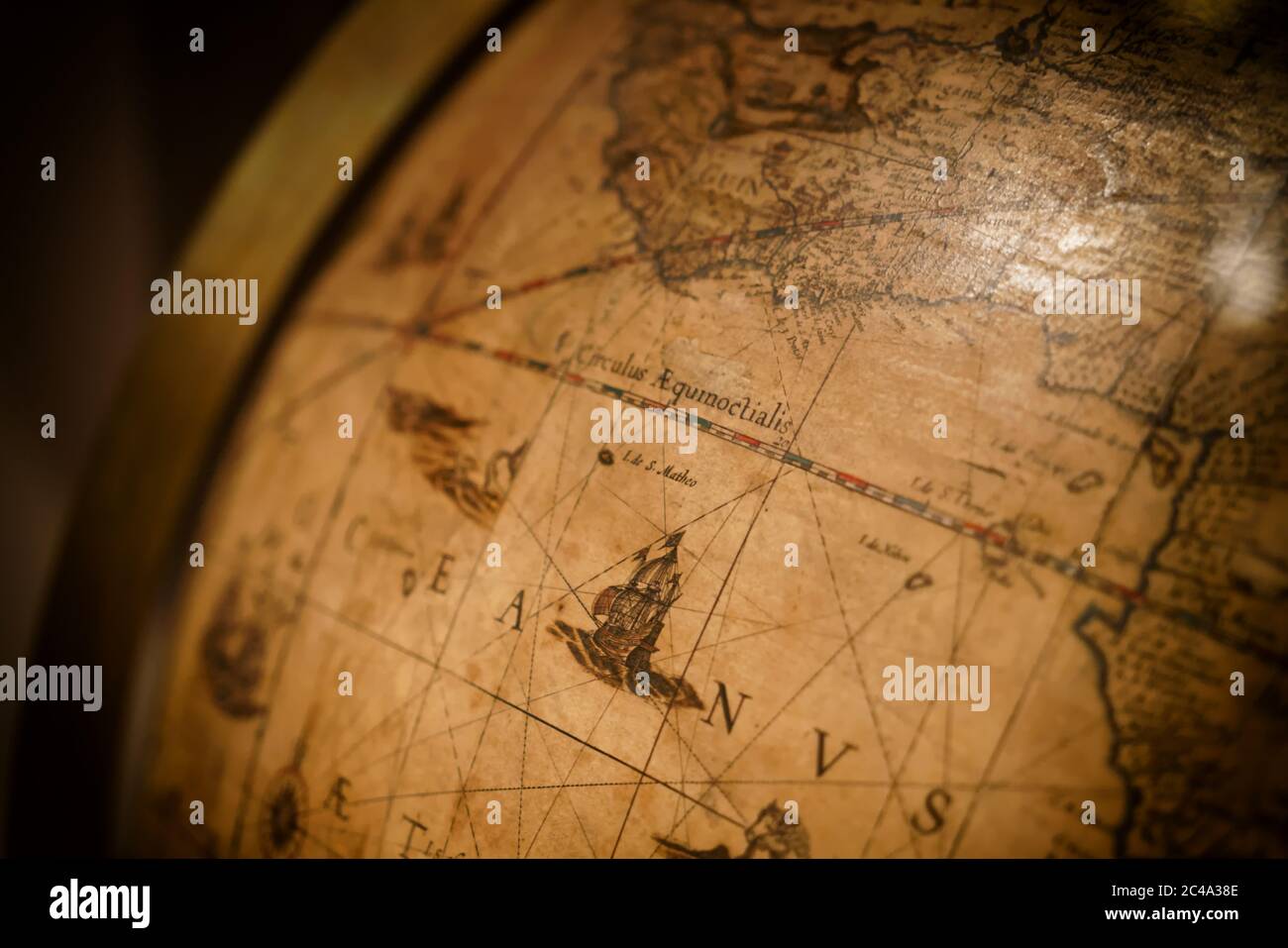 An old globe made in 17th century. It shows the equator at the West ...
