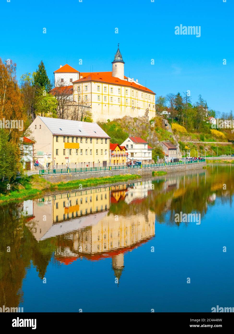 Medieval Castle Ledec nad Sazavou. Reflection in Sazava River, Czech ...
