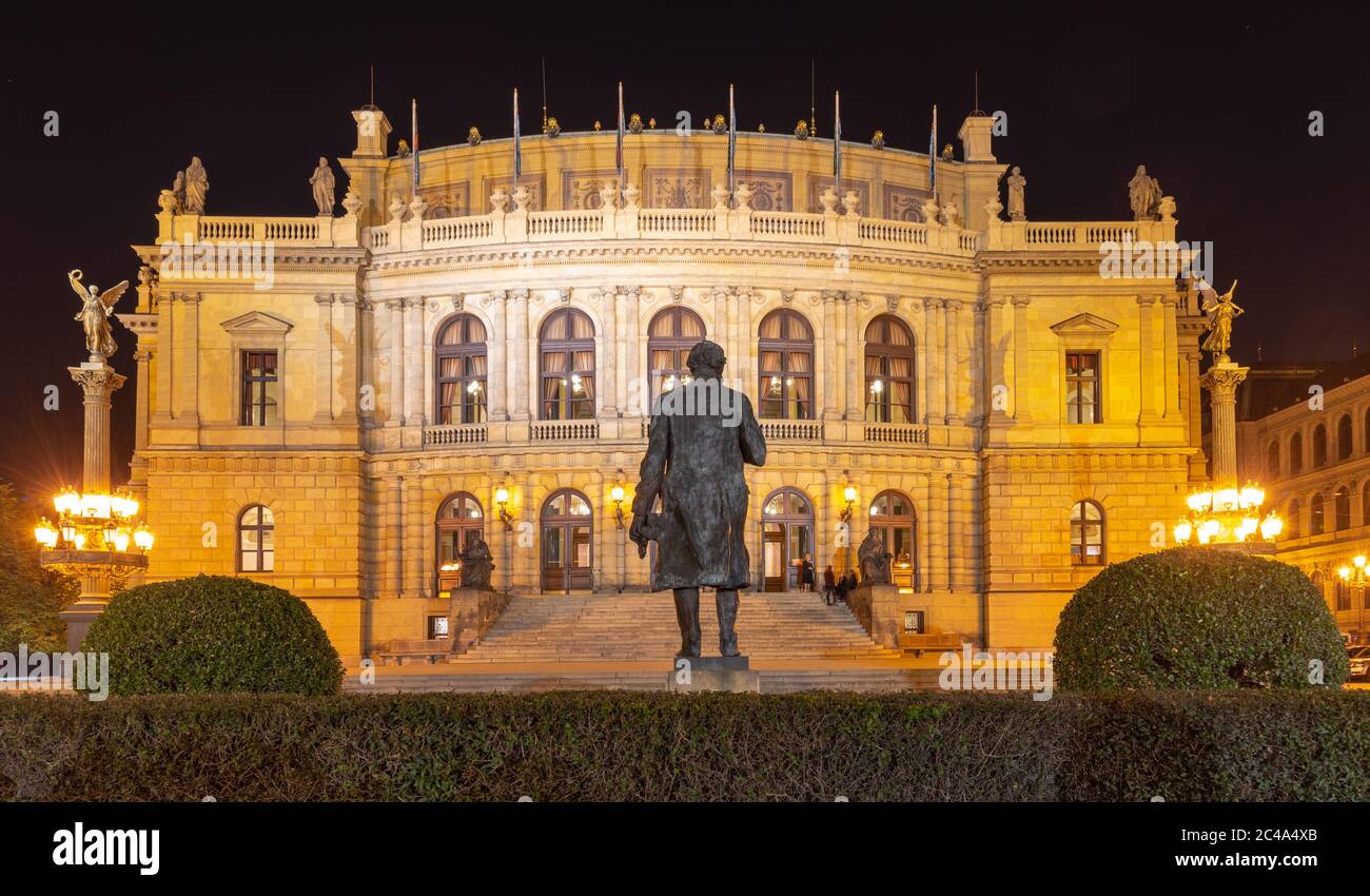 Building of Rudolfinum with statue of composer Antonin Dvorak from back ...