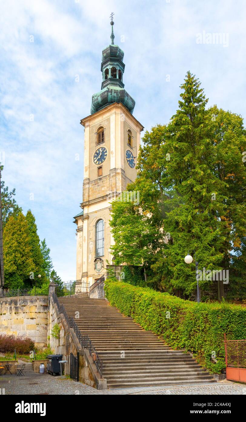 Church at Krinicke Square in small town of Krasna Lipa, Czech Republic ...