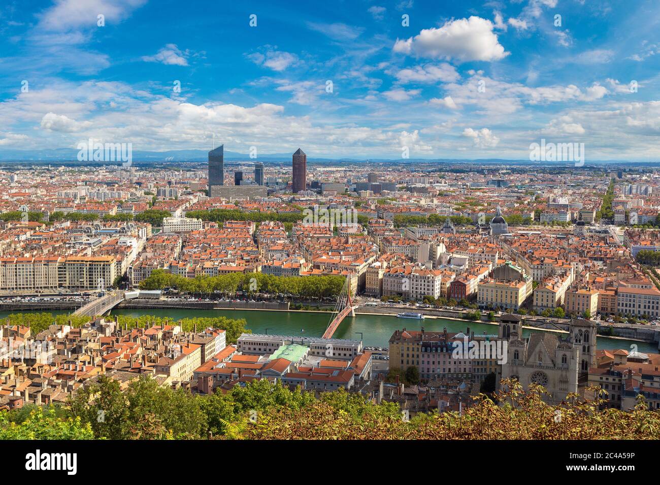Aerial panoramic view of Lyon, France in a beautiful summer day Stock ...
