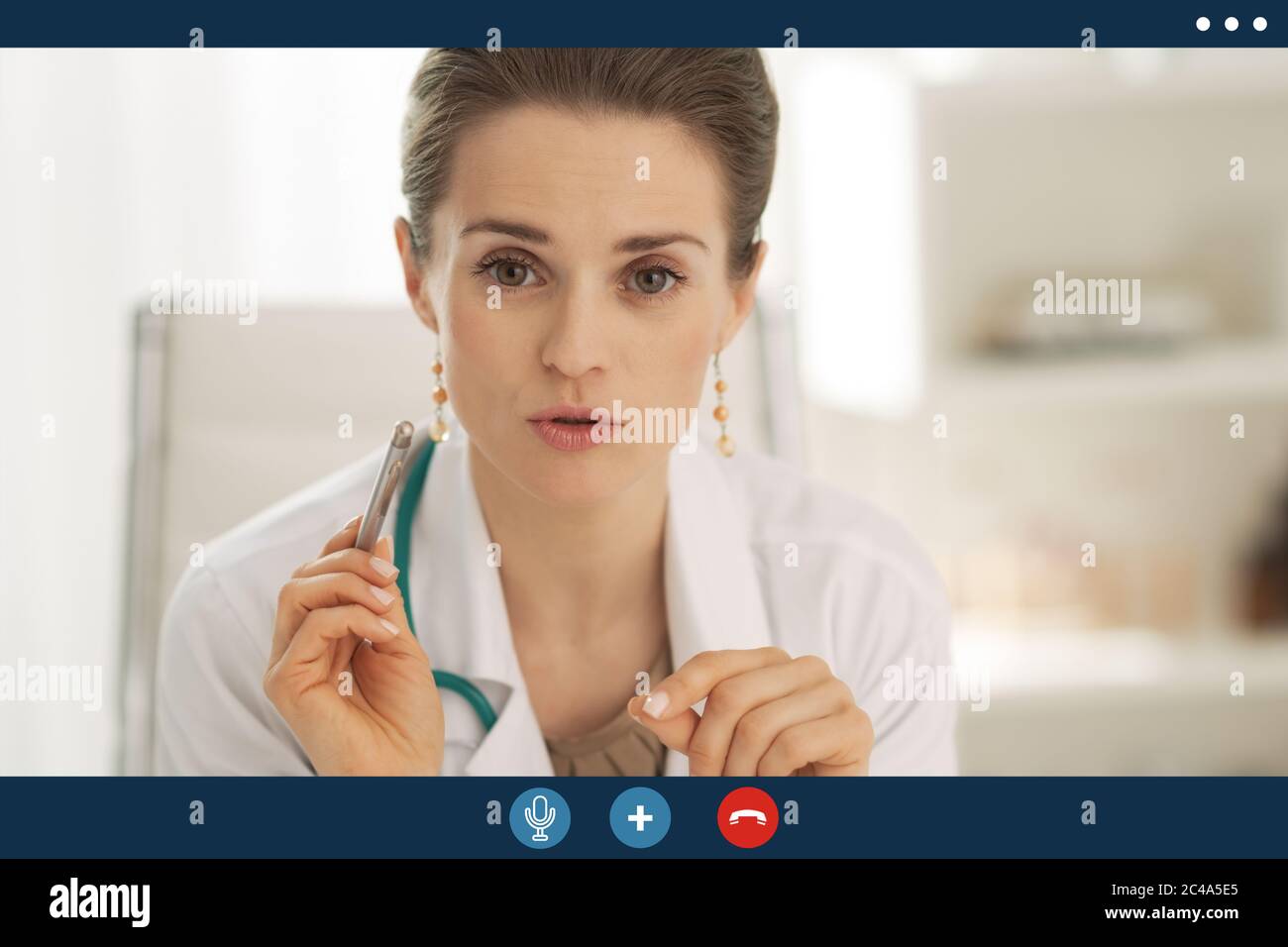 Video call screen of medical doctor woman explaining something Stock ...