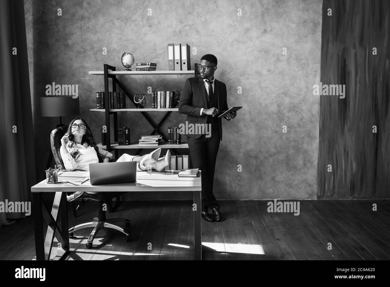 Woman tablet creative office Black and White Stock Photos & Images - Alamy