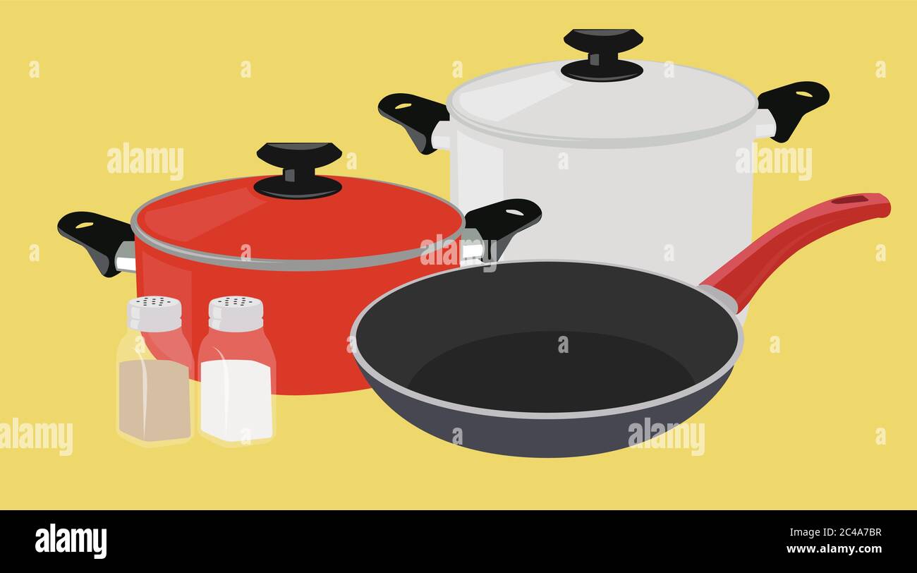 Vector Isolated Illustration of Two Pots, a Pan, Pepper and Salt Stock ...