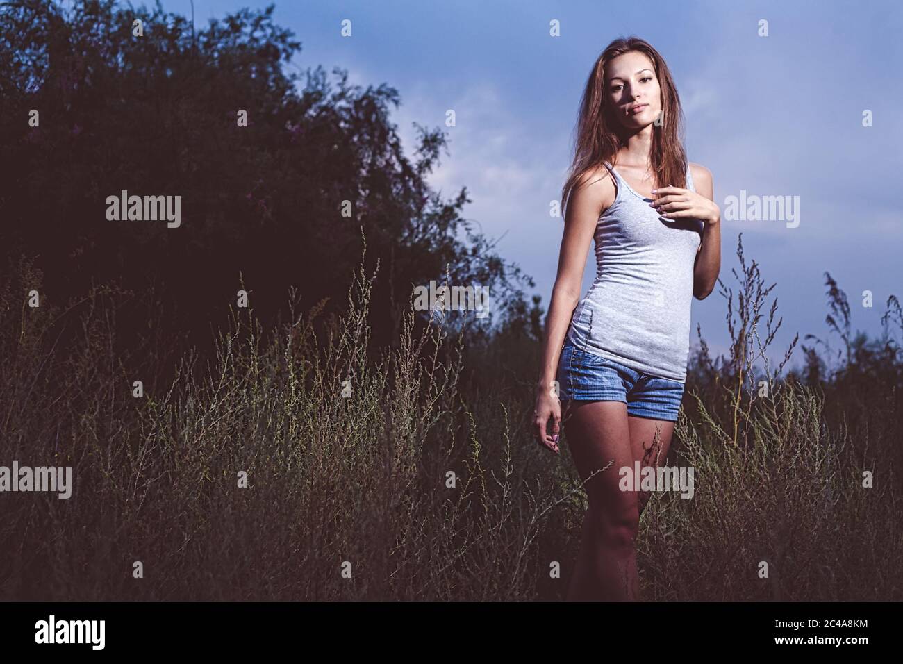 Tender looking lady is posing in tall grass at nightfall with harsh ...