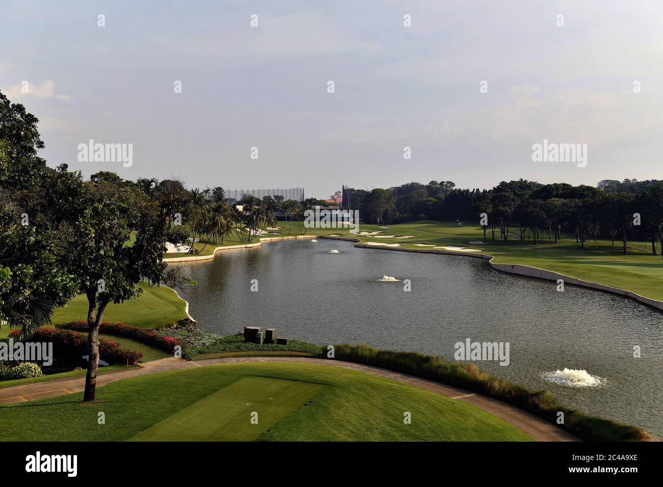 View of hole No 18 at Sentosa Golf Club (Serapong) on Sentosa Island in ...