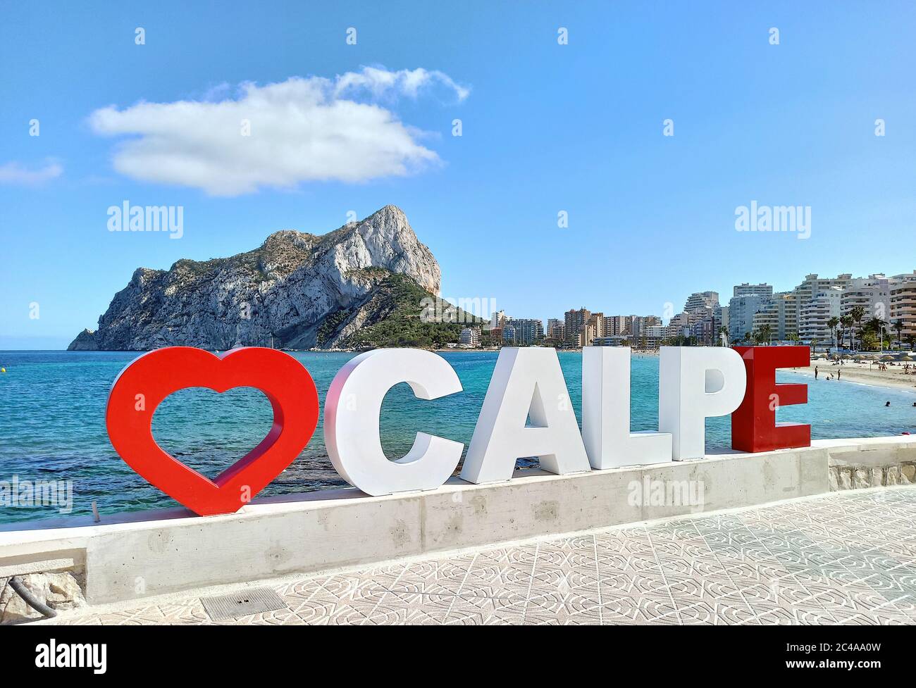 Calpe big letters with red heart shape as symbol of landmark place for ...