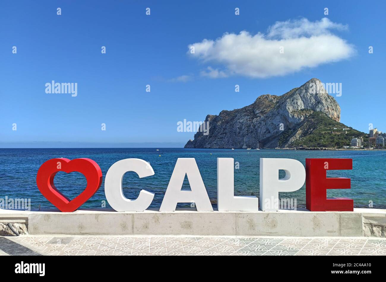 Calpe big letters with red heart shape as symbol of landmark place for ...