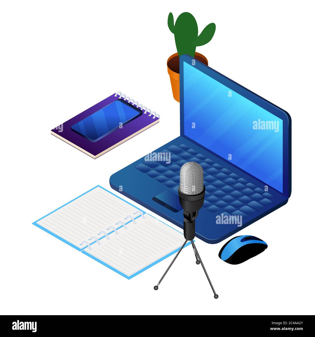 Podcast concept illustration. Laptop and microphone for audio recording ...