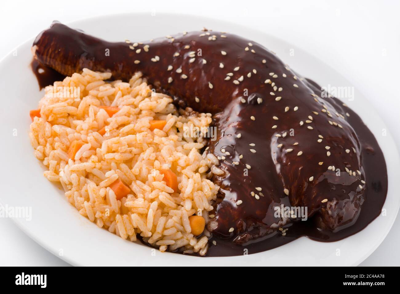 Traditional mole Poblano with rice in plate isolated on white ...