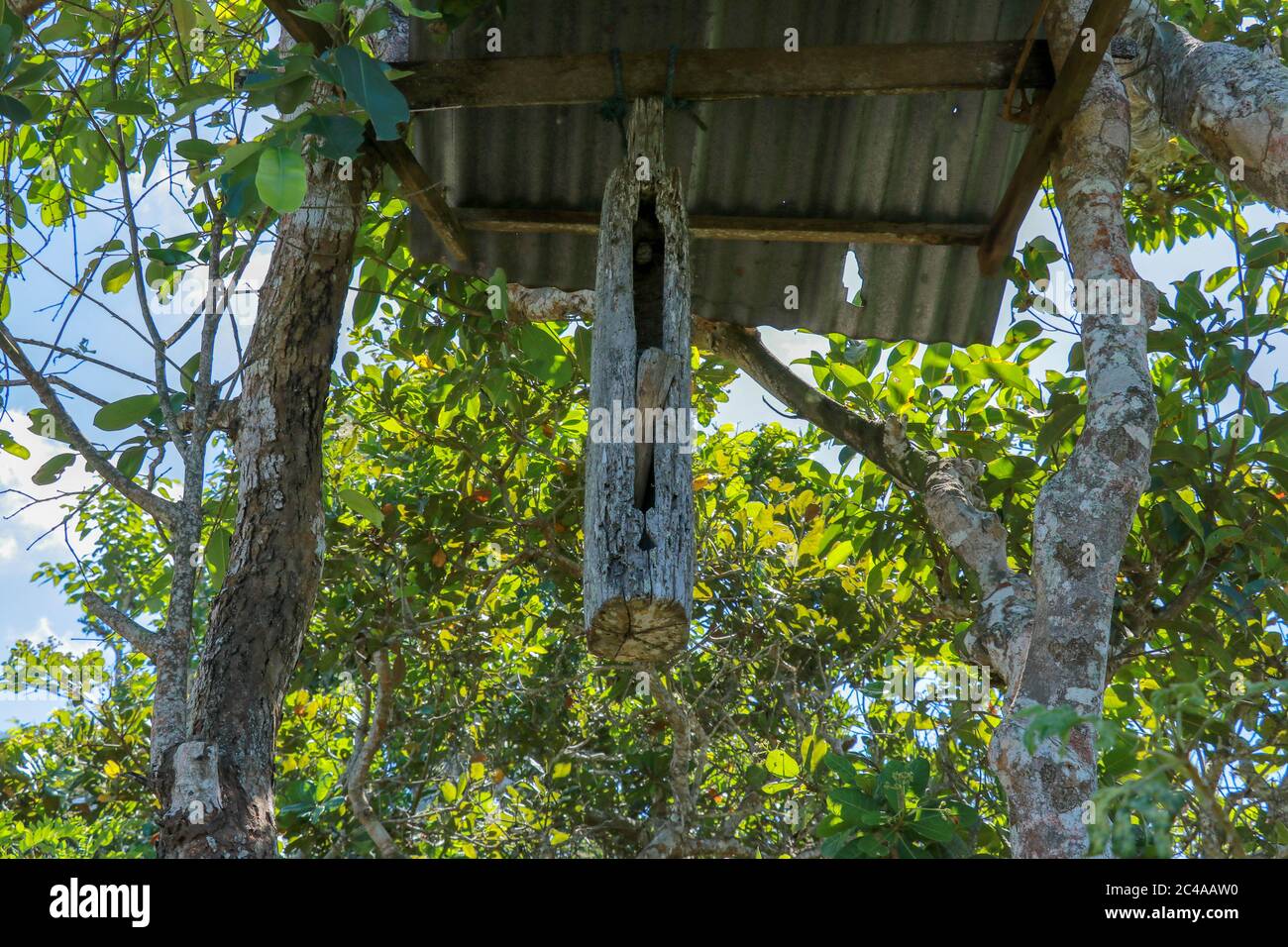 Wooden bells kulkul. A wooden bell with a mallet made from a tree trunk ...