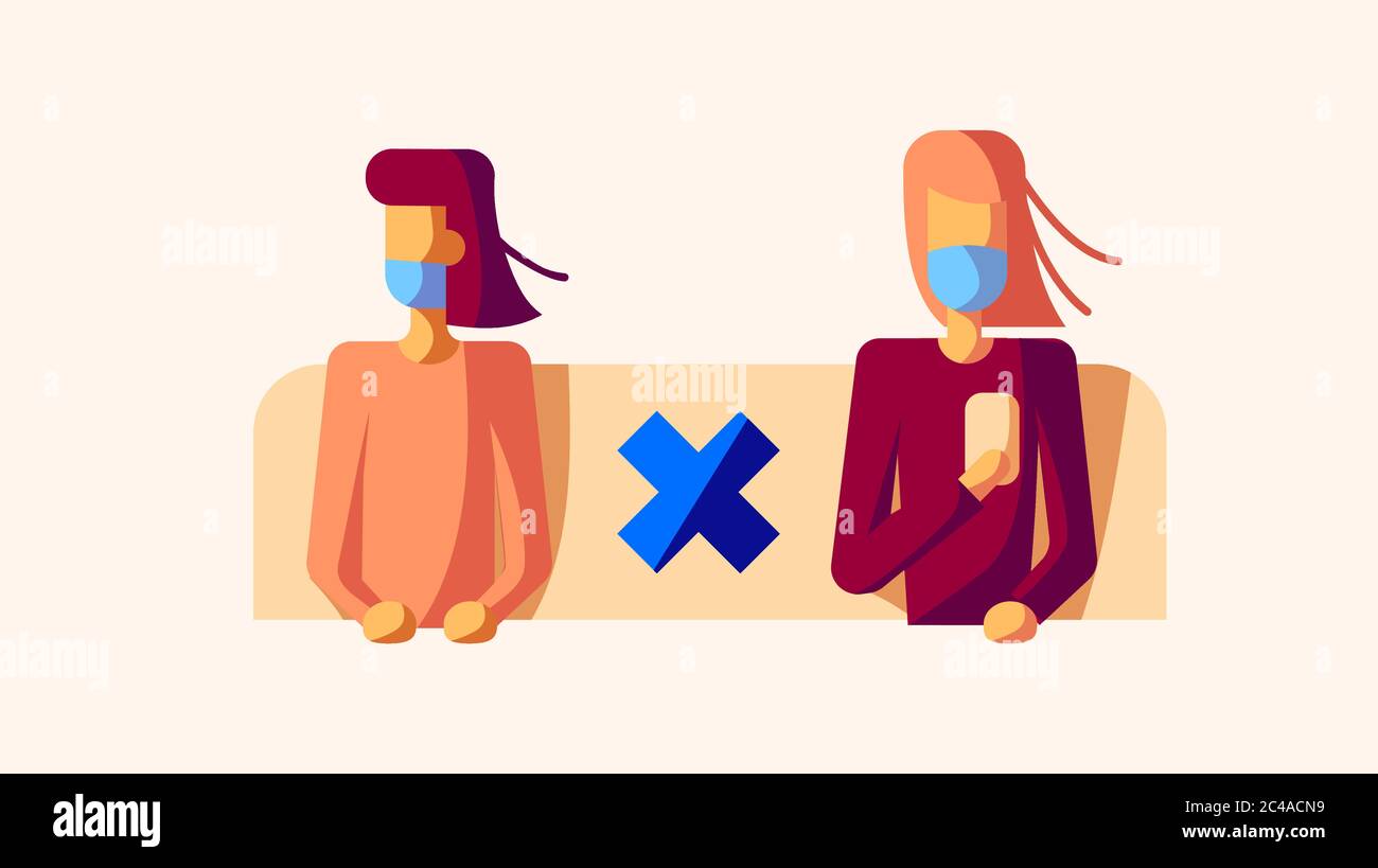 Social distance concept. New normal after COVID-19. Two women sitting ...