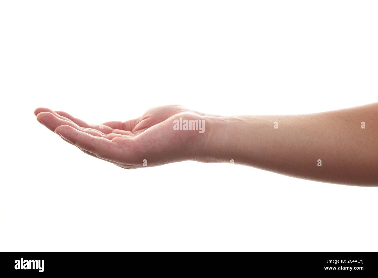 Hand gesture open up like holding something on palm isolated on white ...