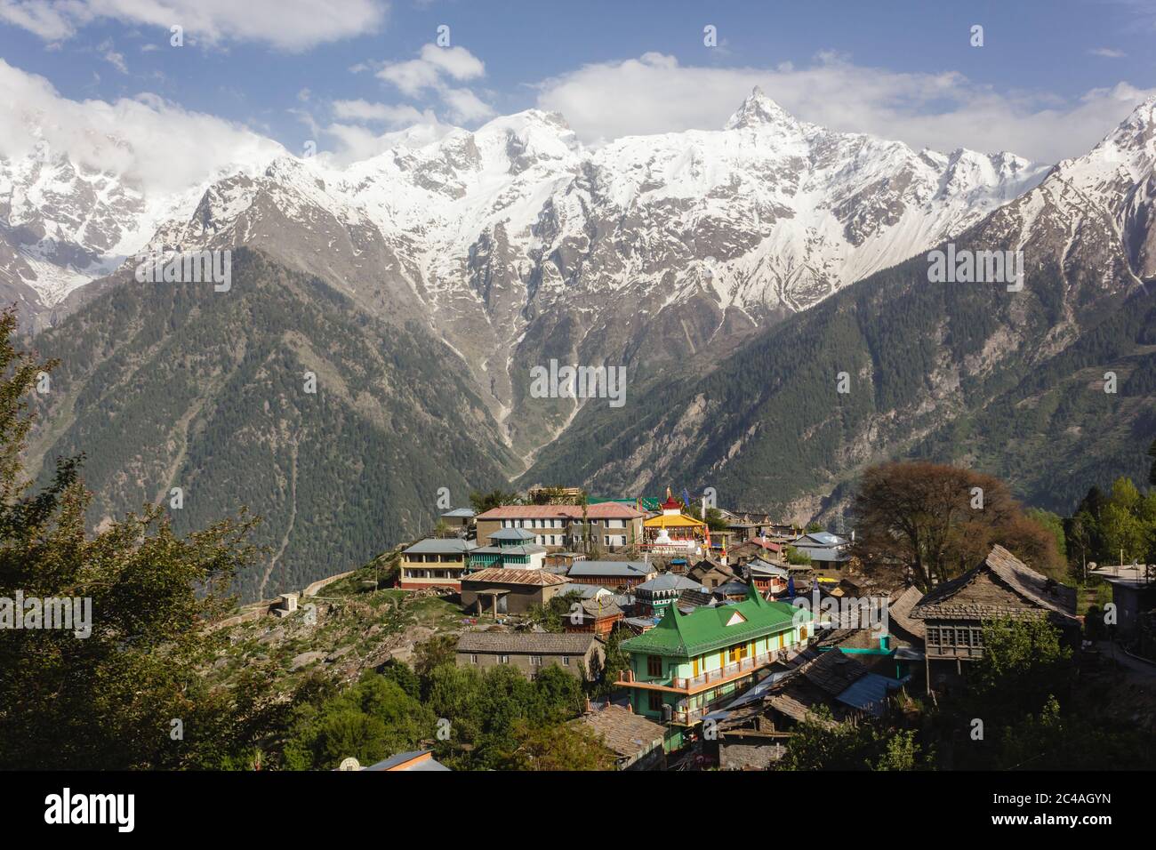 A view of the village of Kalpa surrounded by the Himalayan peaks of the ...