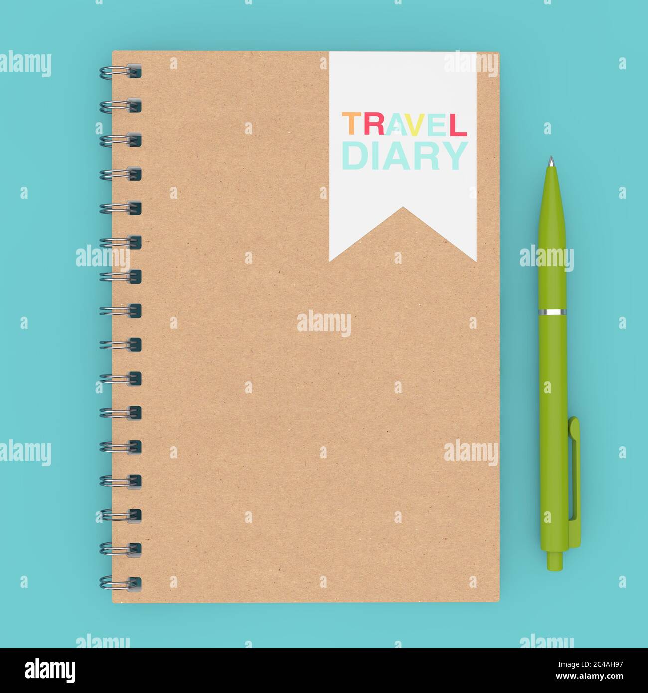 Brown Spiral Travel Diary Notepad with Pen on a blue background 3d ...