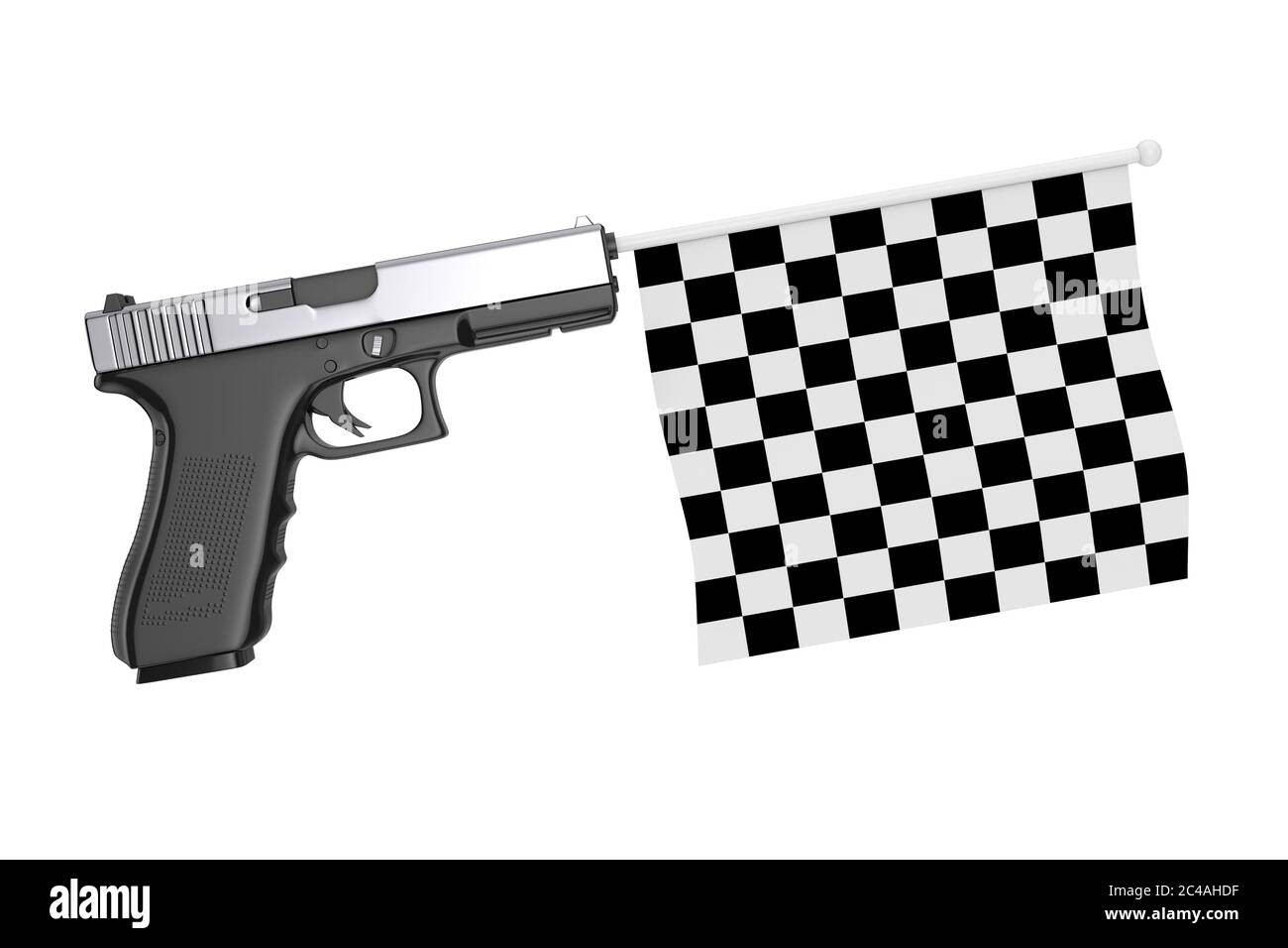Checkered Start and Finish Flag Comming Out from Modern Gun on a white ...