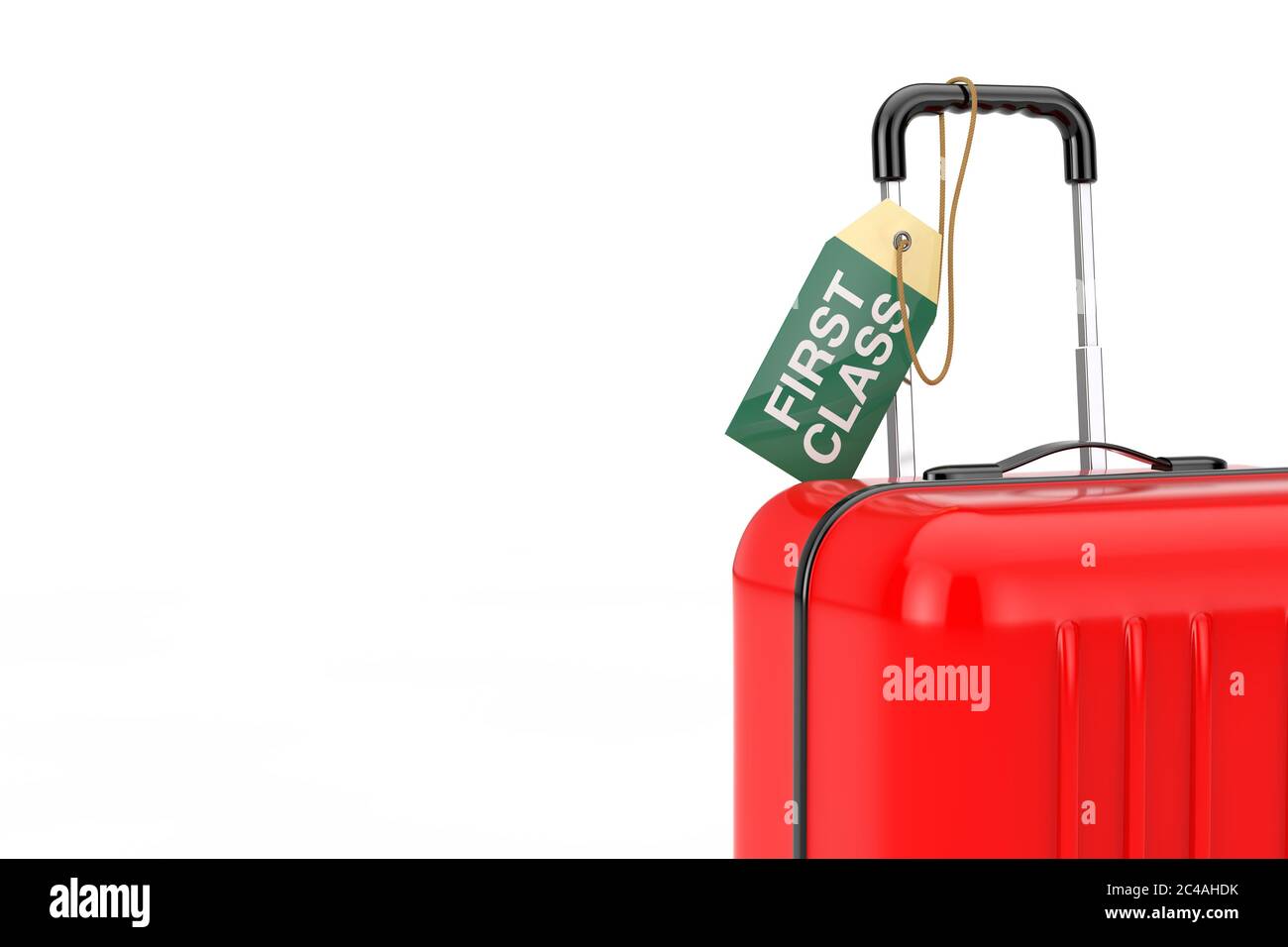 Red Suitcase with Hand Luggage Flight First Class Tag Label on a white ...