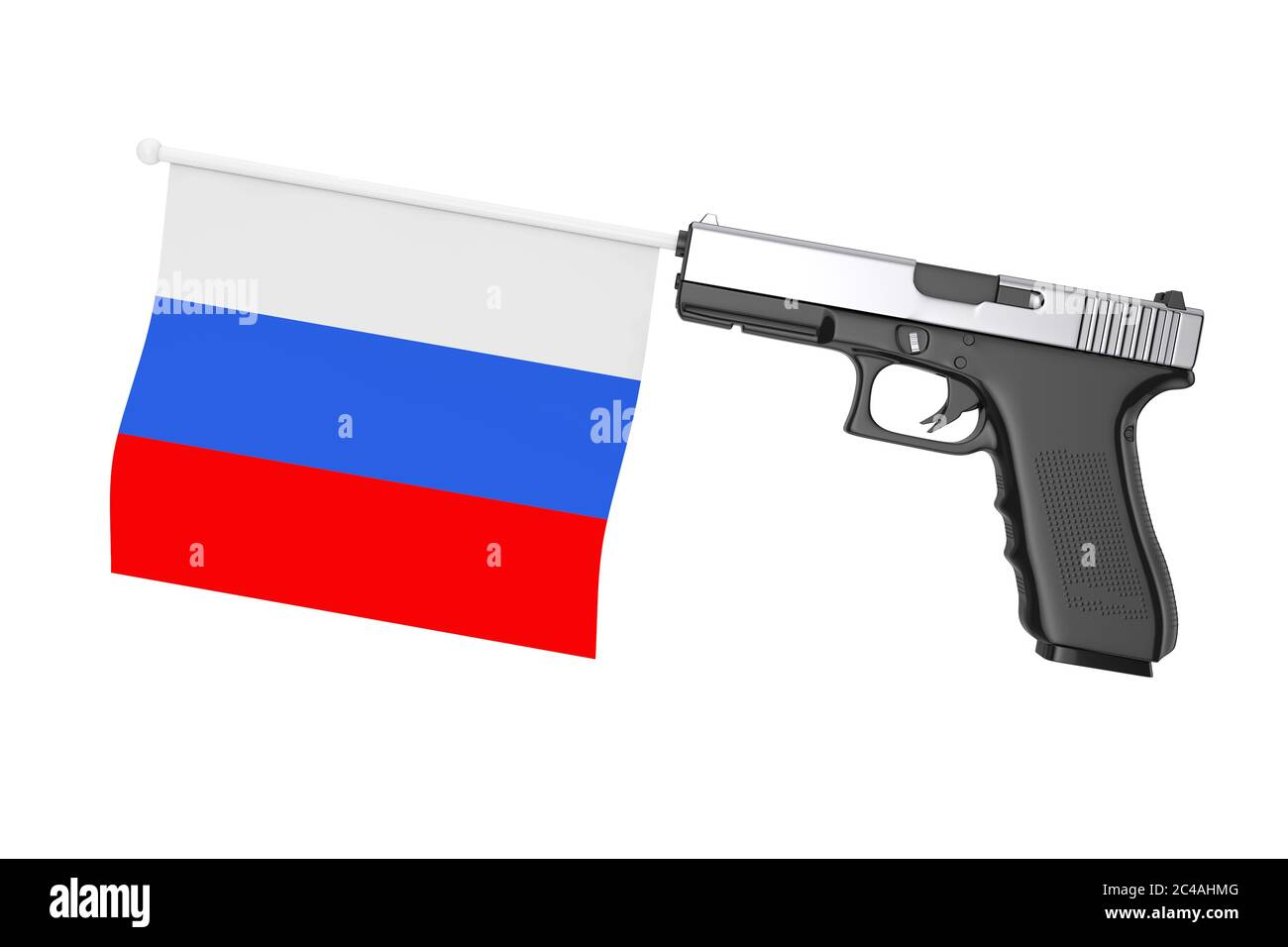 Russia Flag Comming Out from Modern Gun on a white background 3d ...