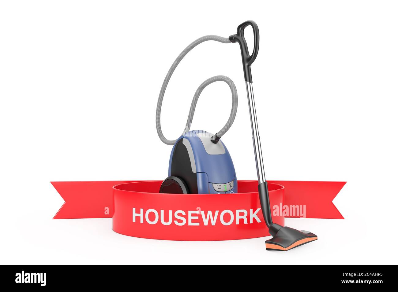 Modern Vacuum Cleaner with Red Ribbon Housework Sign on a white ...