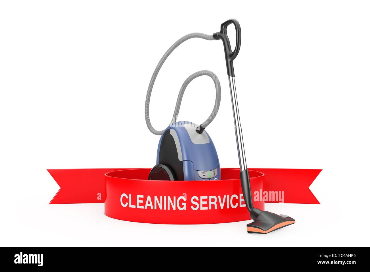 Modern Vacuum Cleaner with Red Ribbon Cleaning Service Sign on a white ...